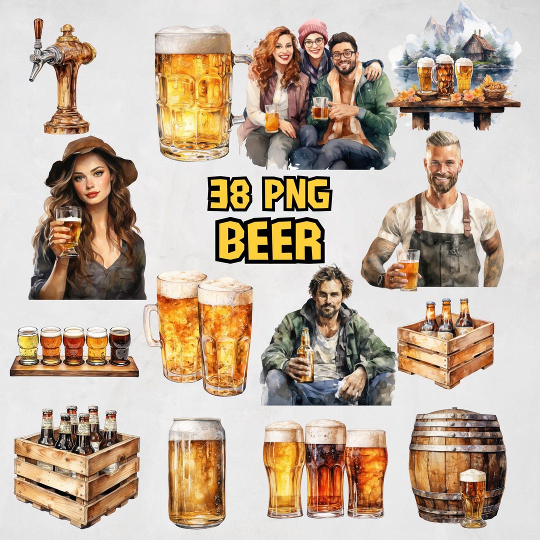 Beer Watercolor Clipart Bundle 38 Beers PNG Printable Images, Lager and ...