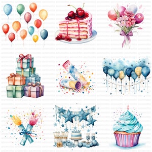 Watercolor Birthday Clipart Bundle, Birthday Party Clip Art Set ...