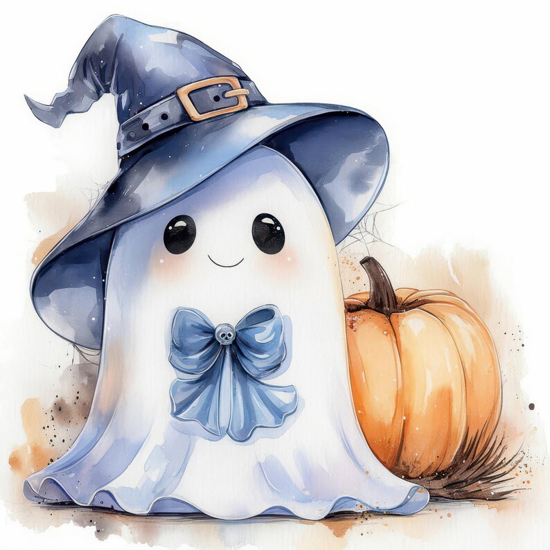 11 Cute Kawaii Ghost Clipart Bundle, Printable Watercolor Ghost ...