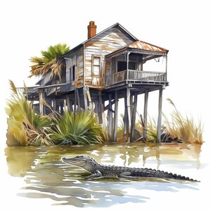 10 Old Shack on Bayou Clipart Bundle, Swamp Landscape Illustration ...