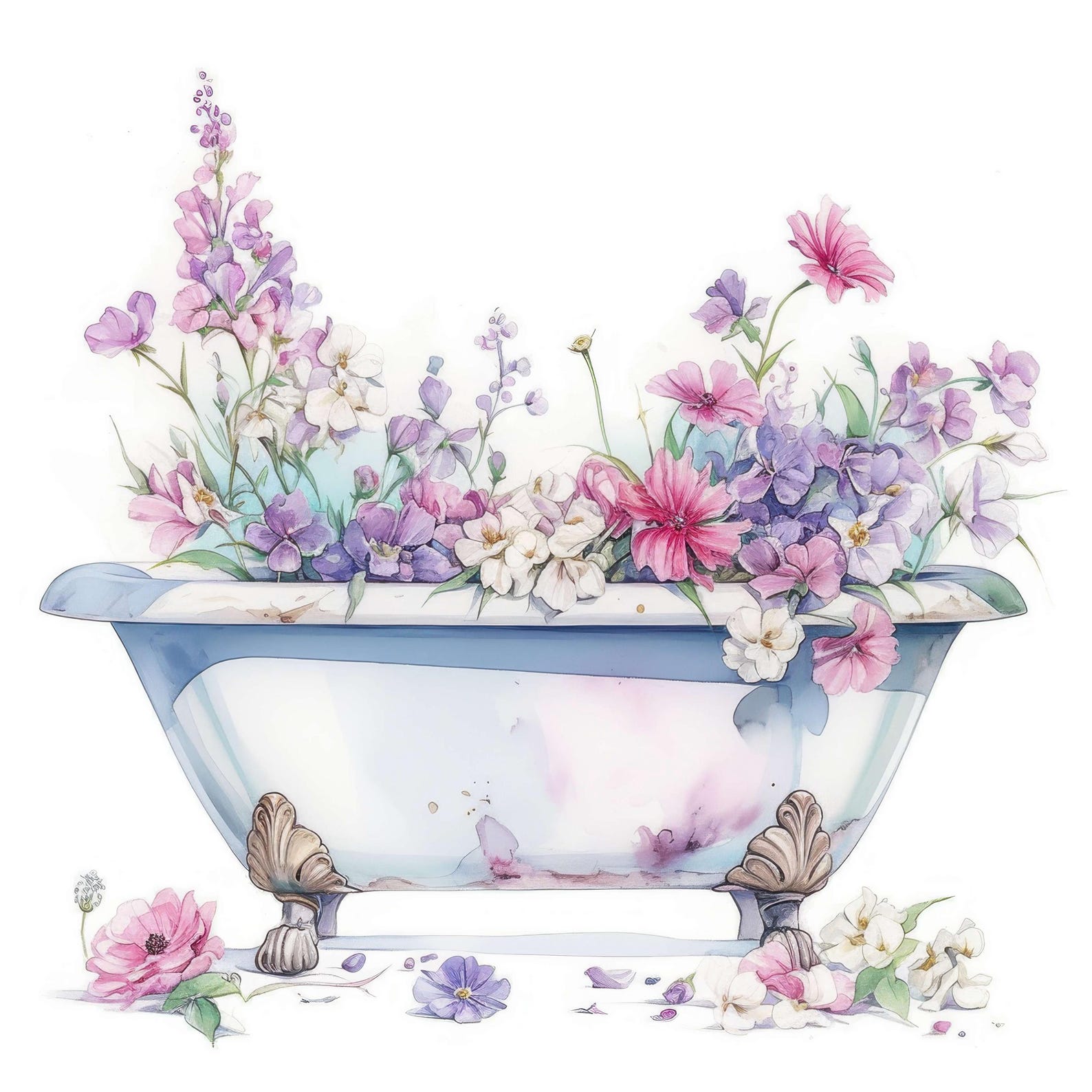 22 Floral Bathtub Clipart Set, Printable Watercolor Spring Bathtub ...