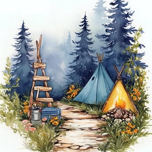10 Camping Tents Clipart Bundle, Printable Watercolor Cozy Outdoor Tent ...