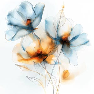 12 Abstract Flowers Clipart, Blue Gold Flowers Print, Printable ...