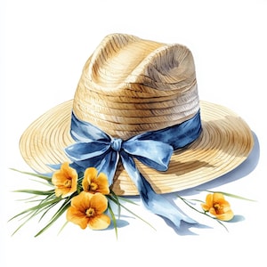 16 Summer Hat With Yellow Flowers Clipart Bundle, Printable Watercolor ...