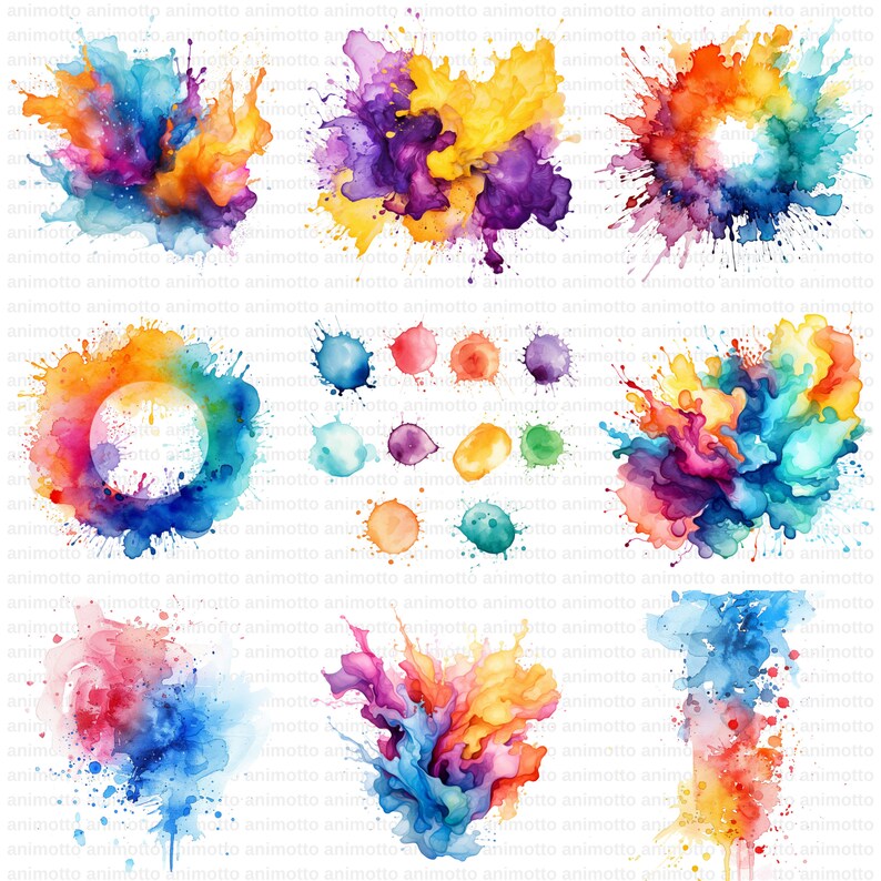 Watercolor Splashes Clipart Bundle, Rainbow Splash Clipart Set, Ink ...