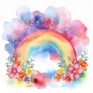 10 Watercolor Rainbow and Flowers Clipart Bundle Set, Rainbow and ...