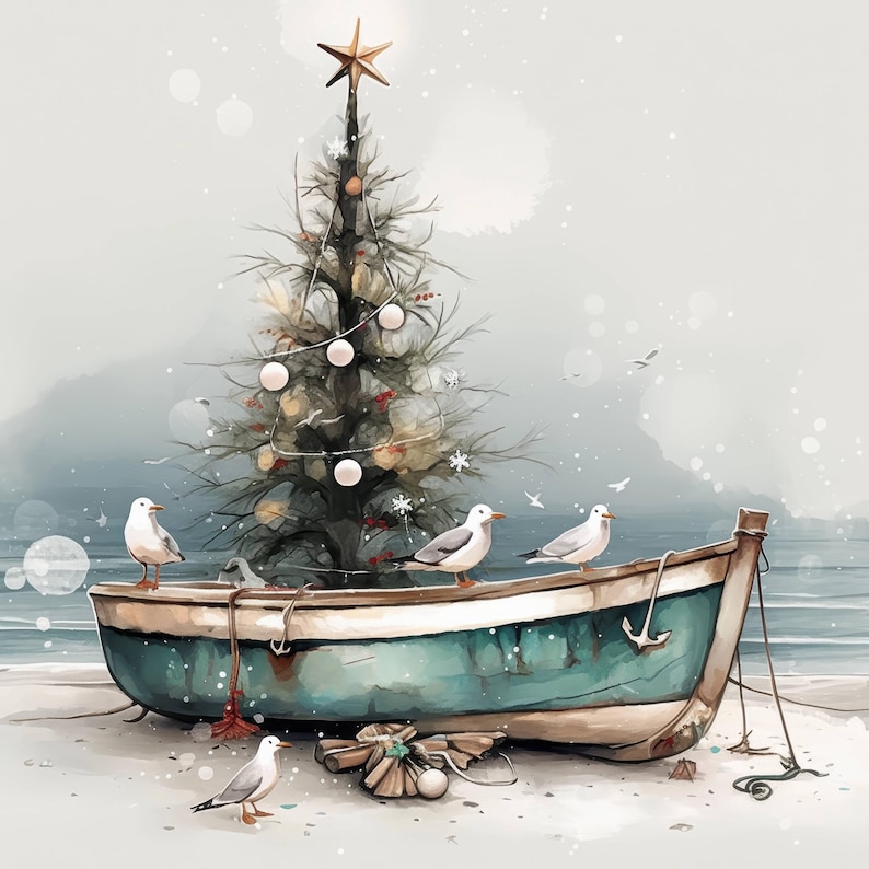 10 Nautical Christmas Clipart Bundle, Coastal Xmas Illustrations ...