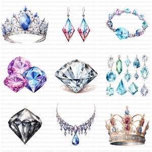 Watercolor Diamonds Clipart Bundle, Jewelry, Colorful Gem Illustrations ...