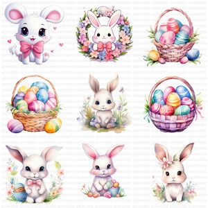 Watercolor Kawaii Easter Clipart Bundle, Cute Colorful Bunny Clipart ...
