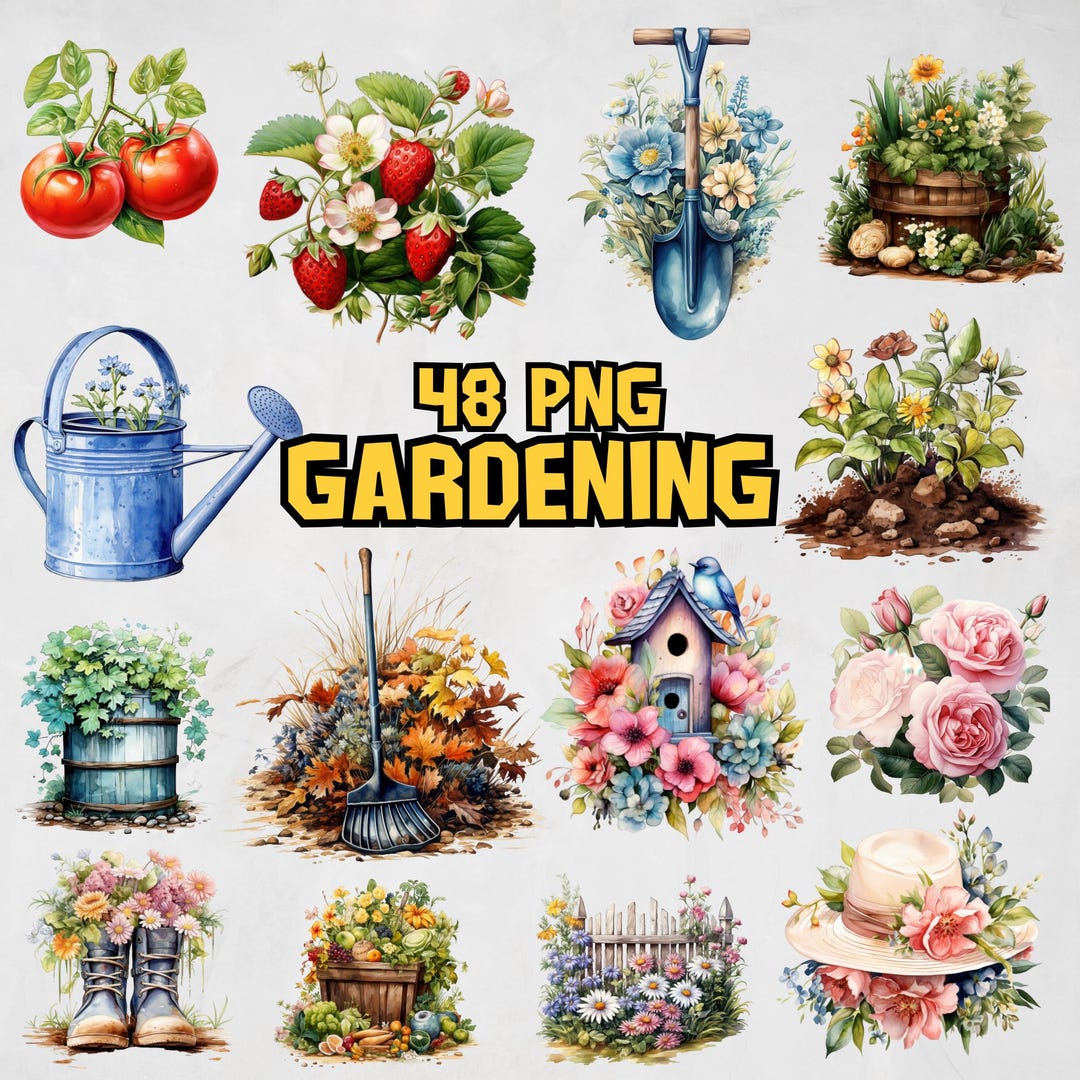 Watercolor Gardening Clipart Bundle, Gardening Tools Clipart, Fruit ...