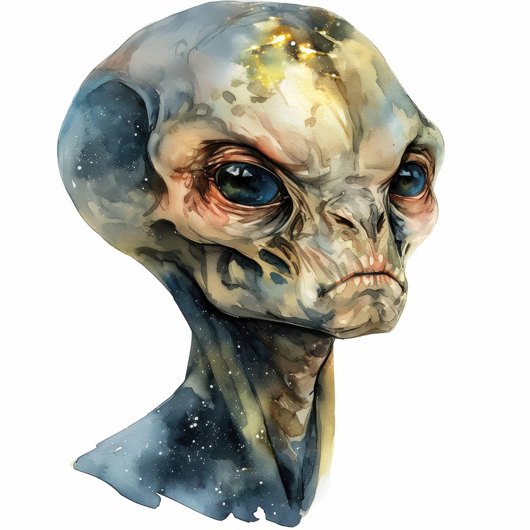 10 Alien Portrait Clipart Bundle, Printable Watercolor Aliens, UFO ...