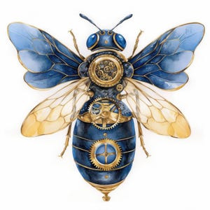 14 Blue Steampunk Bees Clipart Bundle, Printable Watercolor Robotic Bee Images Illustrations ...