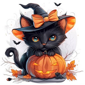 15 Cute Halloween Black Cats Printable Watercolor Clipart , Halloween ...
