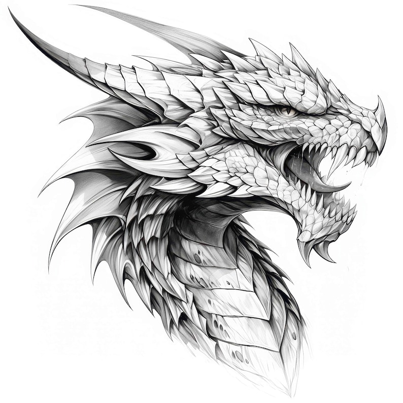 12 Dragon Profile Tattoo Clipart, Dragon Head Illustration, Printable ...