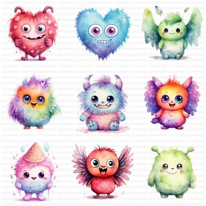 Watercolor Kawaii Monsters Clipart Bundle, Playful and Funny Character ...