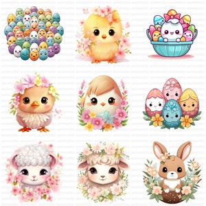 Watercolor Kawaii Easter Clipart Bundle, Cute Colorful Bunny Clipart ...