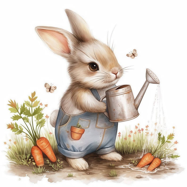 10 Bunny Watering Carrot Clipart Bundle, Cute Rabbit Illustration ...