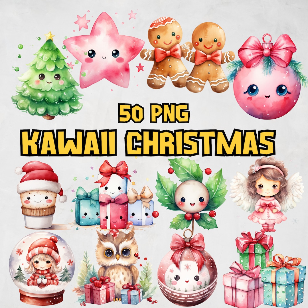 Watercolor Kawaii Christmas Clipart Bundle, Cute Christmas PNG Graphics ...