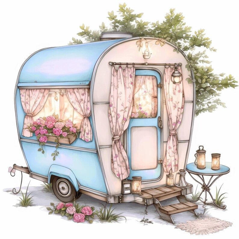 18 Cozy Caravan Clipart Bundle, Camping Images Illustrations, Printable ...