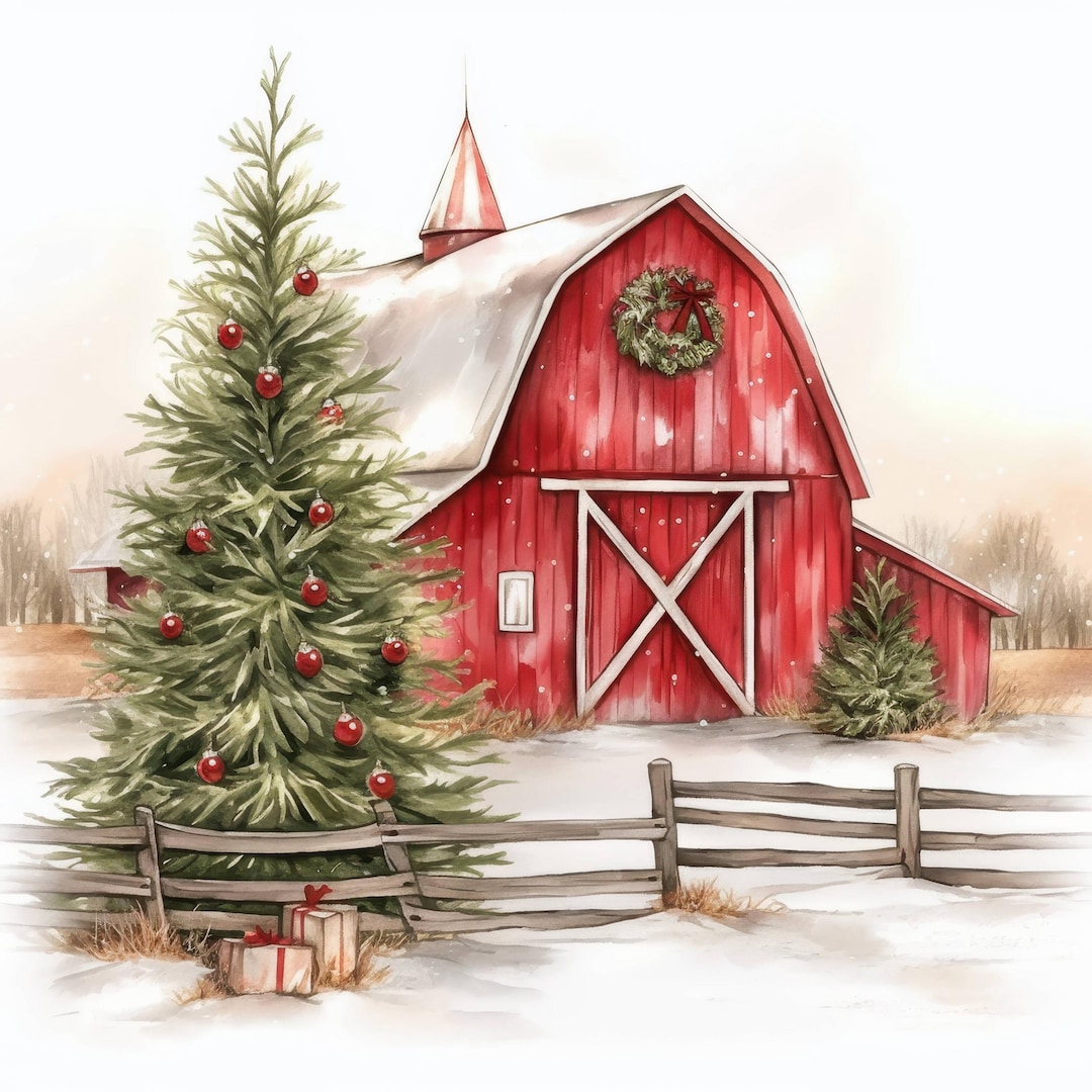 10 Christmas Red Barn Clipart Bundle, Festive Farm Illustrations ...