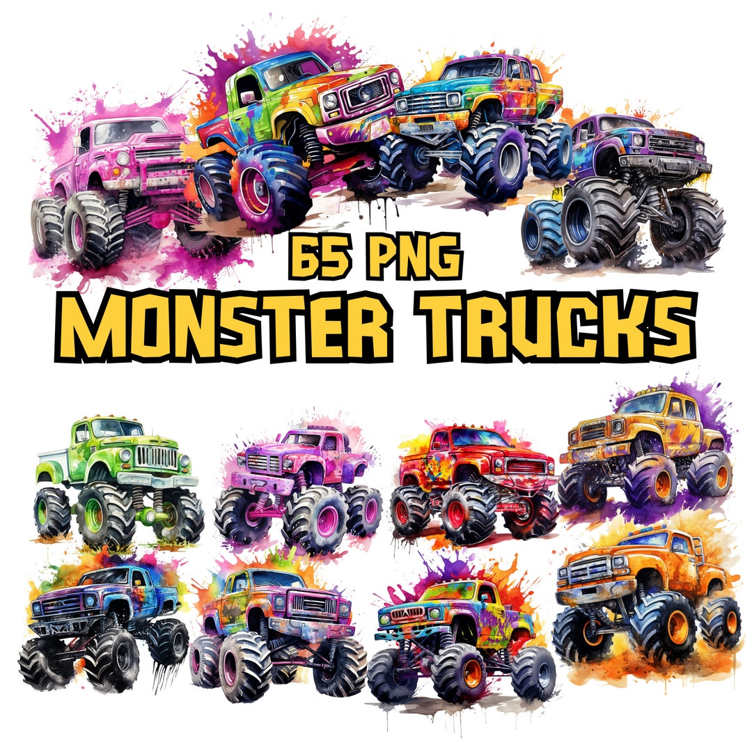 Watercolor Monster Trucks Clipart Bundle, Extreme Offroad Vehicle ...