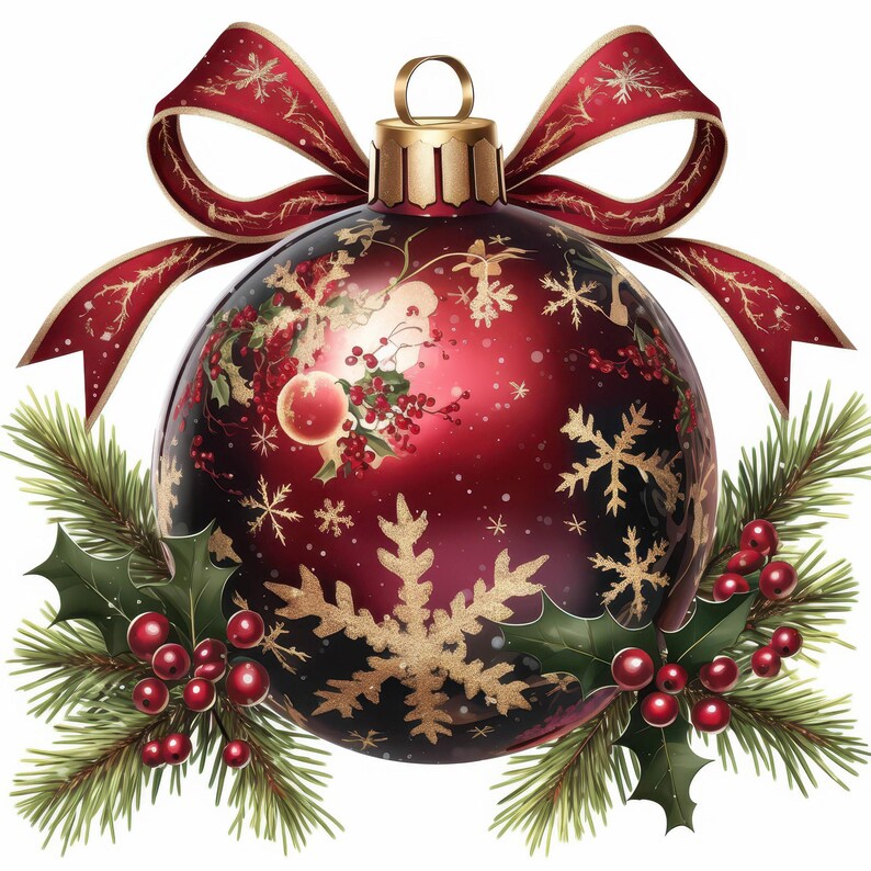 12 Red Gold Christmas Bauble Clipart Bundle, Printable Watercolor ...