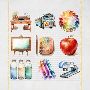 Watercolor School Clipart Bundle, Painted Back to School Clipart PNG ...