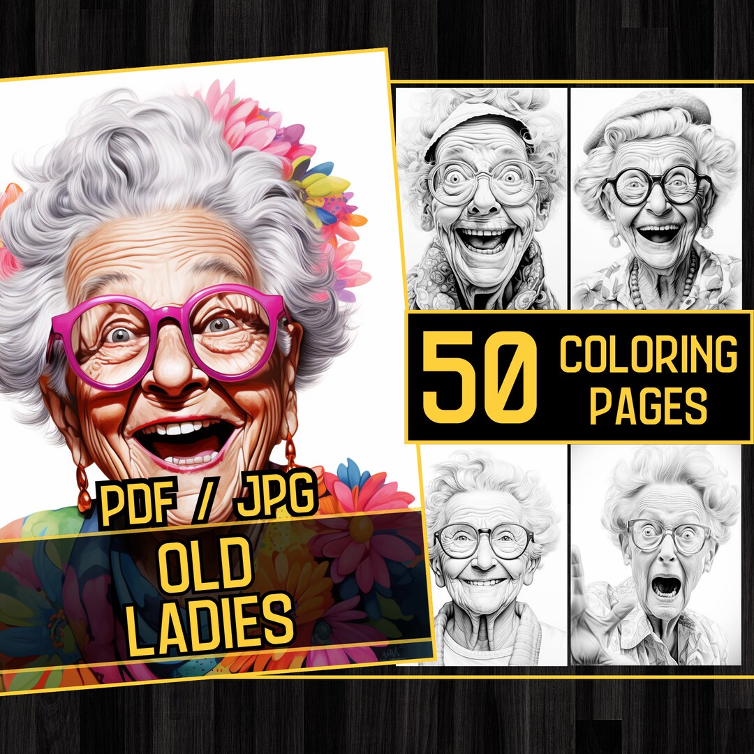 Old Ladies 50 Coloring Page Book, Adults Kids Grayscale Coloring Pages ...