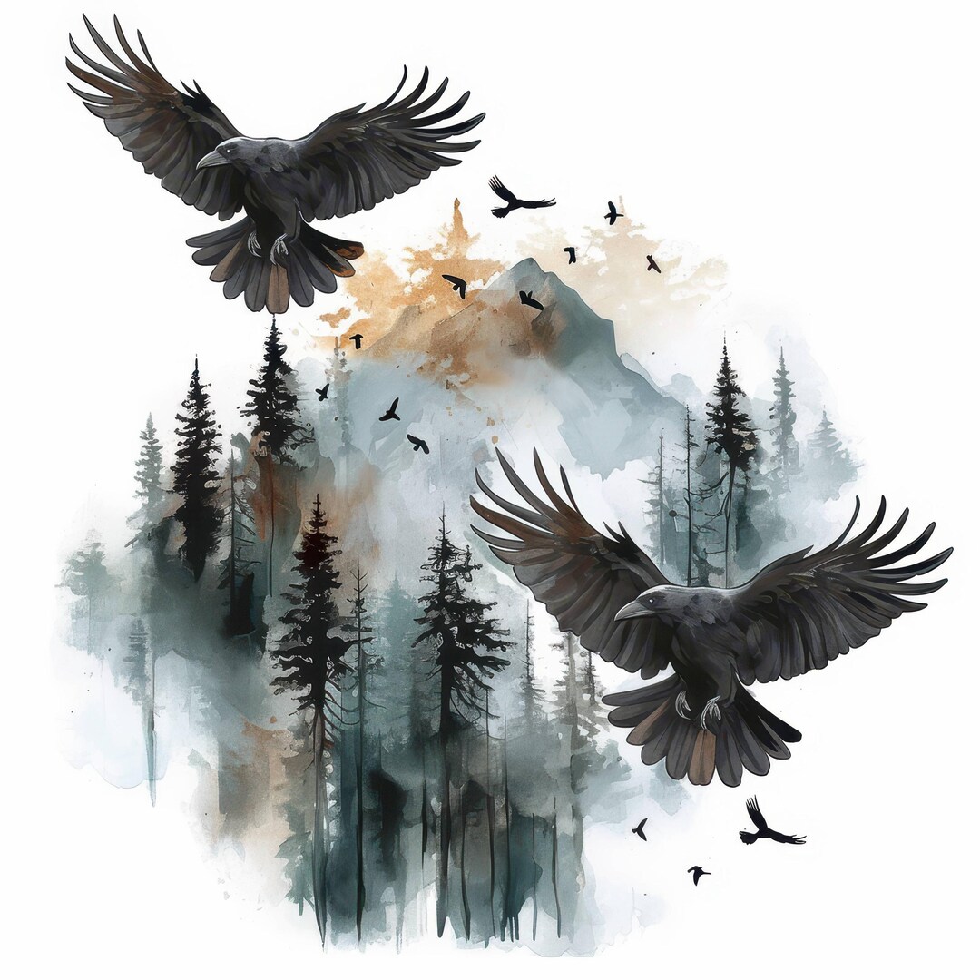 14 Ravens is Misty Forest Clipart Bundle, Ethereal Flock Illustrations ...
