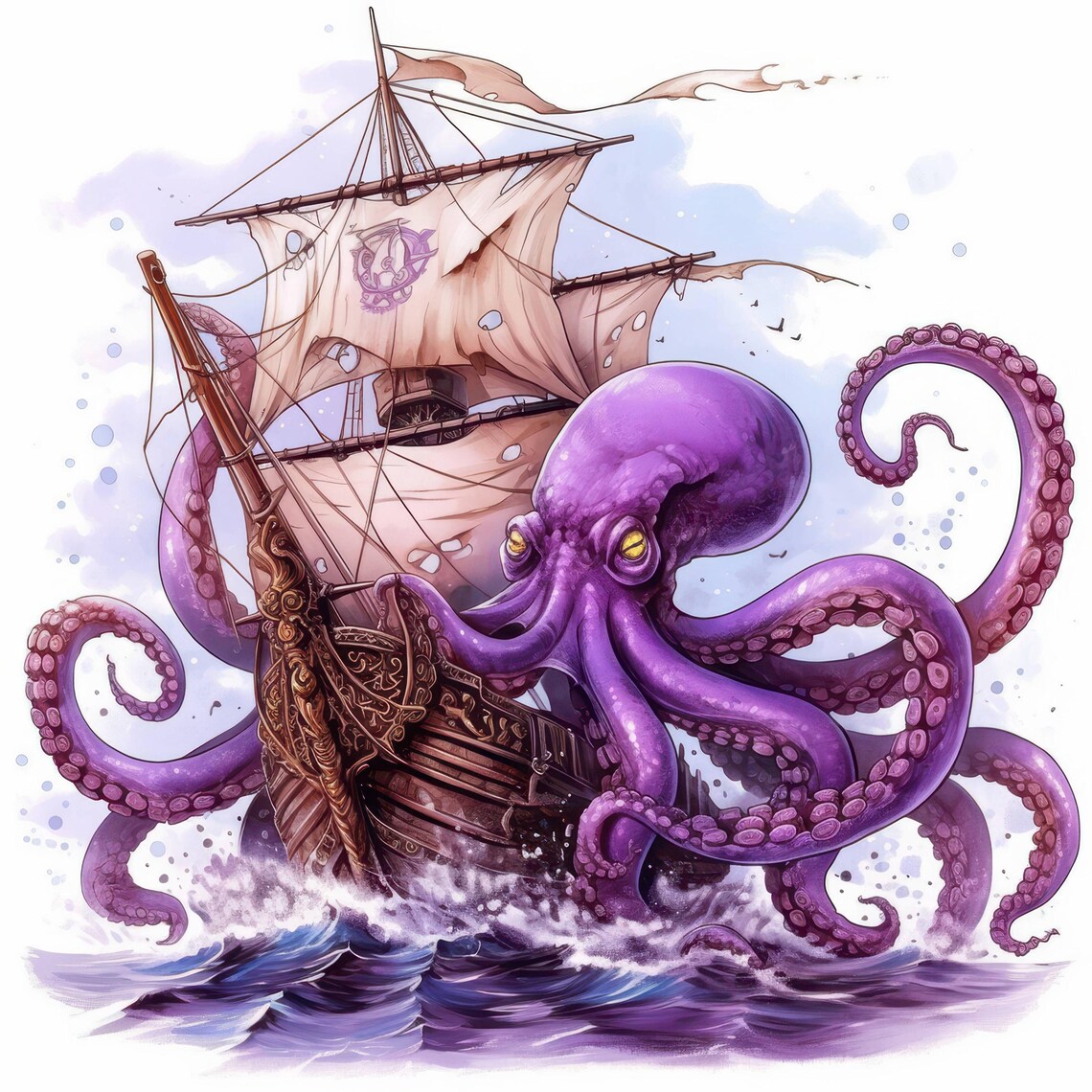 10 Kraken and Ship Clipart Bundle, Nautical Monster Illustrations ...
