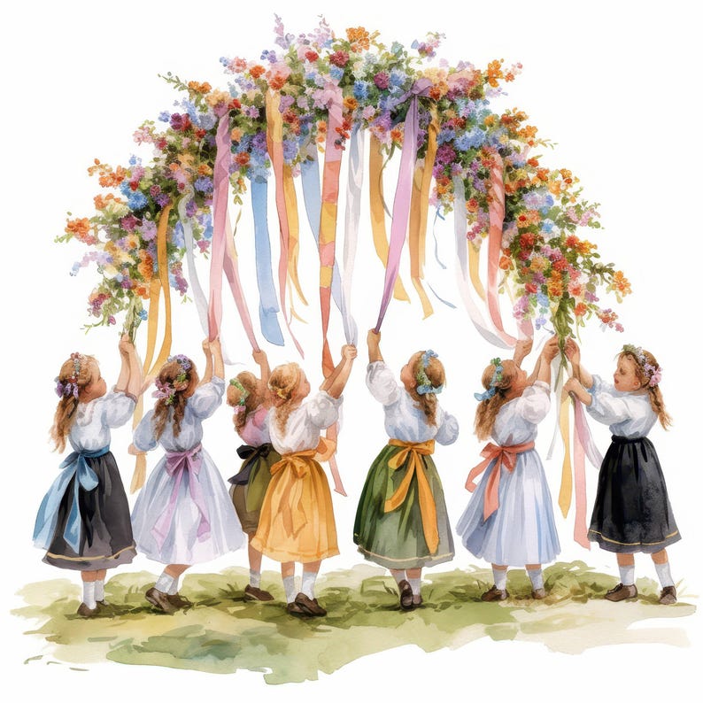 12 Maypole Ribbon Flower Clipart Set, Vibrant Illustration, Printable ...