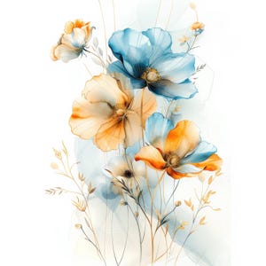 12 Abstract Flowers Clipart, Blue Gold Flowers Print, Printable ...