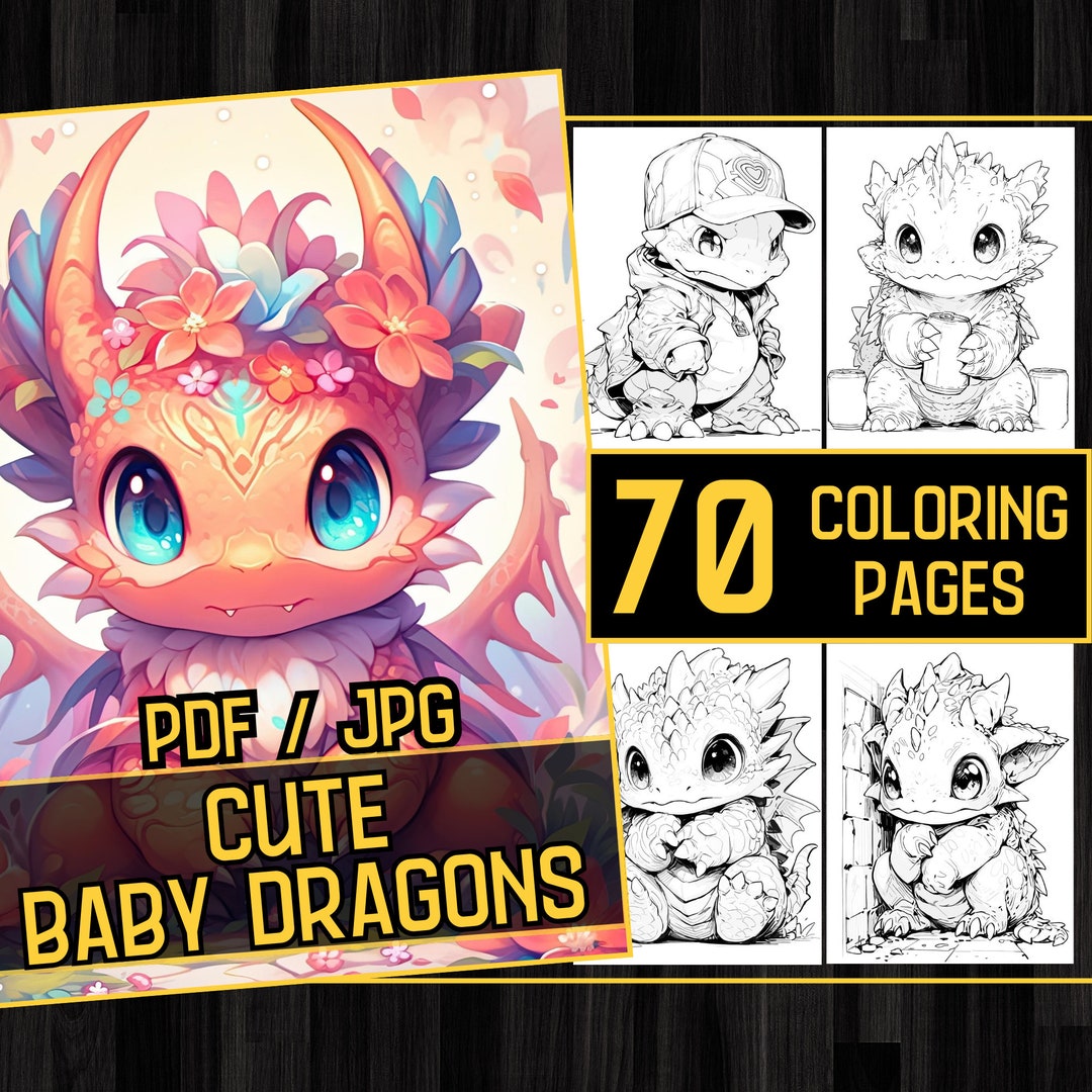 Cute Baby Dragons 70 Coloring Page Book, Adults Kids Instant Download ...