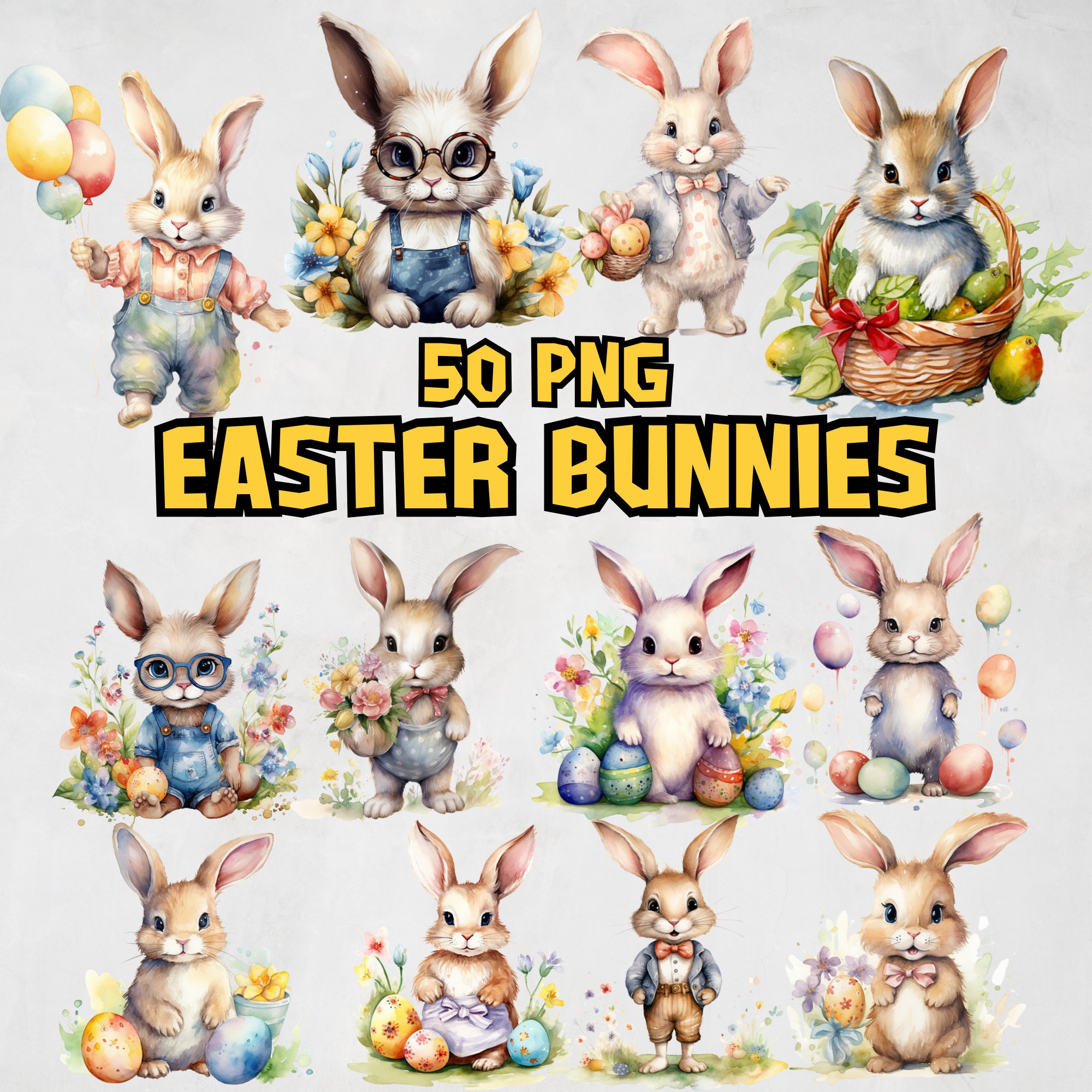 Watercolor Easter Bunnies Clipart Bundle, Spring Floral Animal PNG Set ...