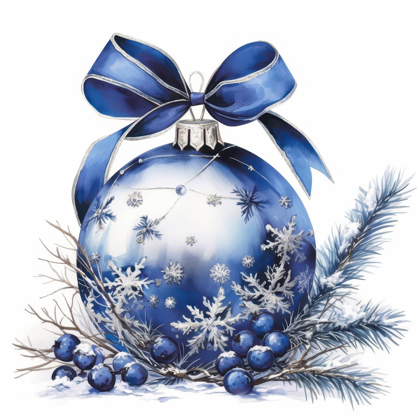 13 Elegant Blue Christmas Clipart Bundle, Printable Watercolor Bauble ...