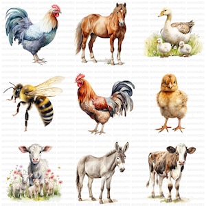 Watercolor Farm Animals Clipart | Horse, Donkey, Pig, Cow, Rabbit, Duck ...