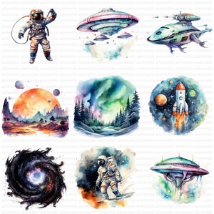 Watercolor Space Clipart | Planet, Spiral Galaxy, Moon, Observatory ...
