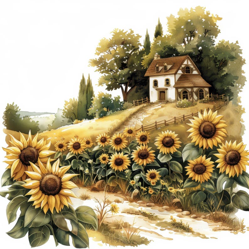 18 Sunflower Pathway Clipart Illustration Bundle, Printable Watercolor ...