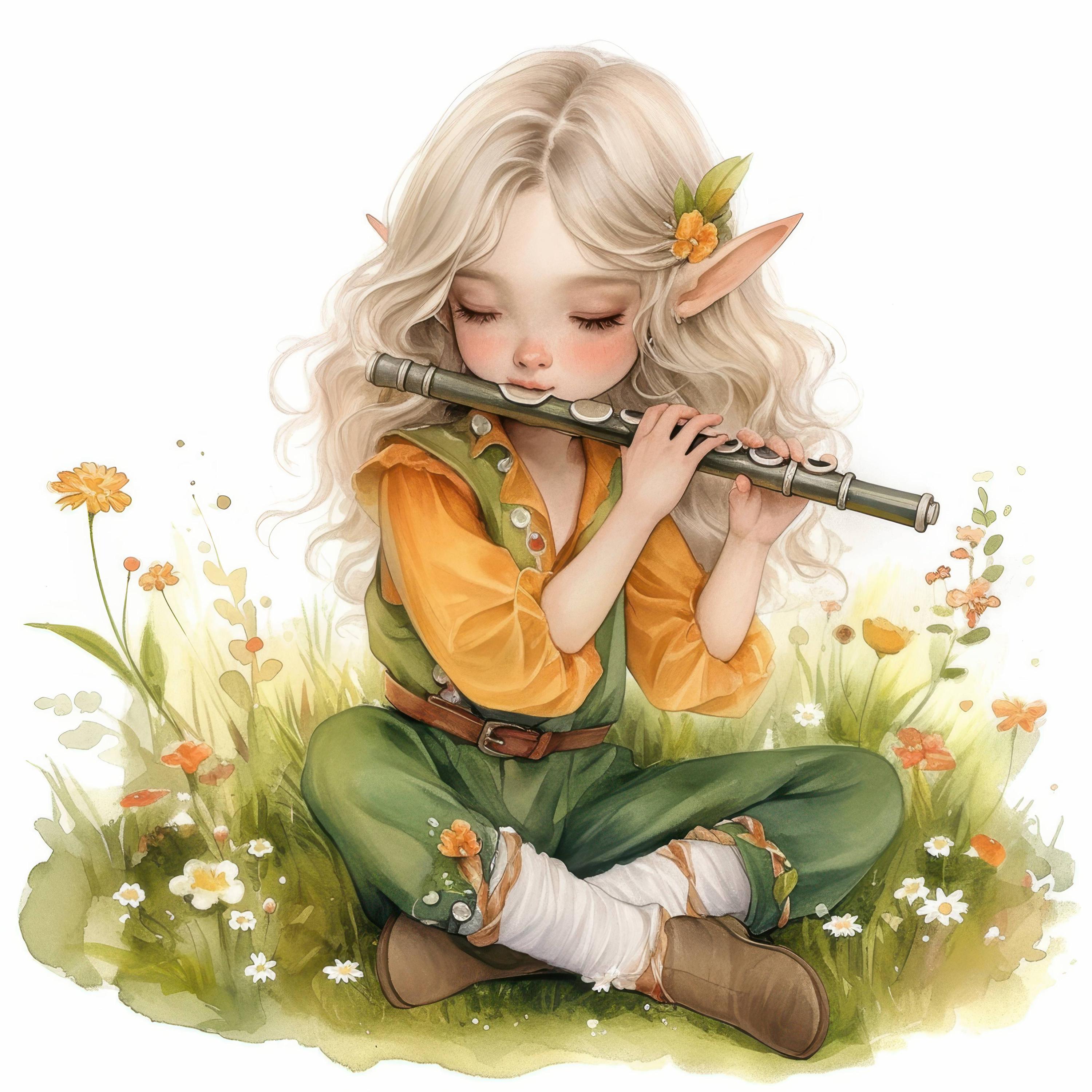 12 Funny Elf Clipart Bundle, Elf Playing Flute Illustrations, Printable ...
