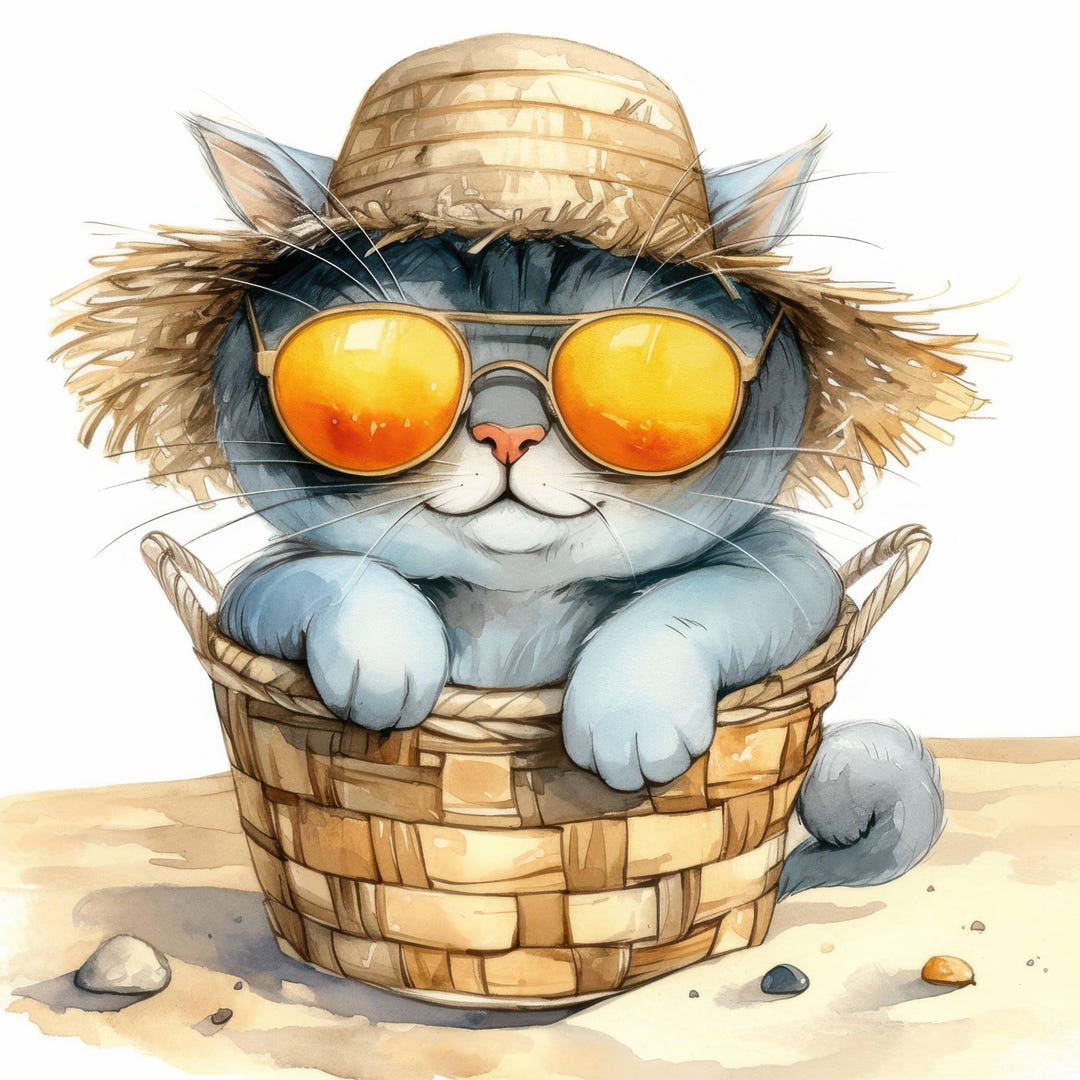 10 Summer Cats Clipart Bundle, Printable Watercolor Summer Kitten ...