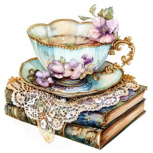 14 Teacup and Stack of Books Clipart Bundle Set, Vintage Books ...