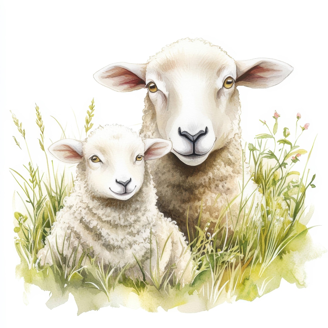 25 Mother and Baby Sheep Clipart Bundle, Printable Watercolor Farm ...