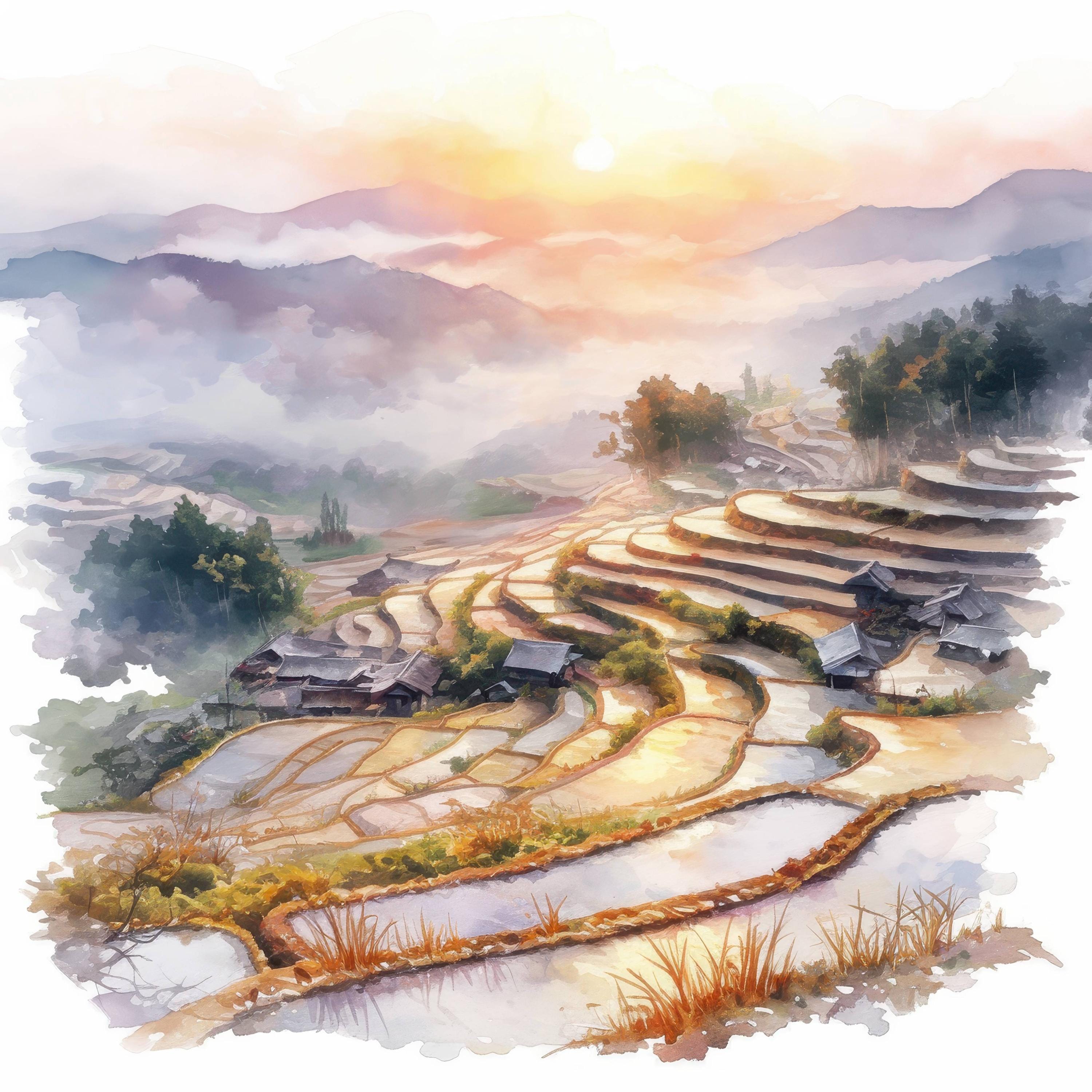 10 Rice Terrace Sunrise Clipart Bundle, Serene Illustrations, Printable ...