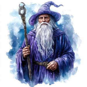 15 Old Wizard With Staff Clipart Bundle, Printable Watercolor Magician ...