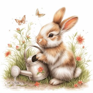 10 Bunny Watering Carrot Clipart Bundle, Cute Rabbit Illustration ...