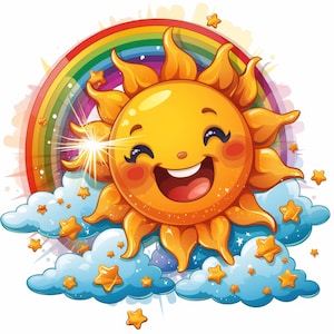 10 Cartoon Sun and Rainbow Clipart Bundle, Nursery Illustrations ...