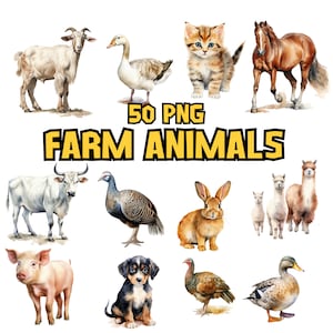 Watercolor Farm Animals Clipart | Horse, Donkey, Pig, Cow, Rabbit, Duck ...