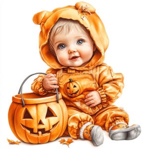 10 Halloween Pumpkin Kids Clipart Bundle, Printable Watercolor Cute ...