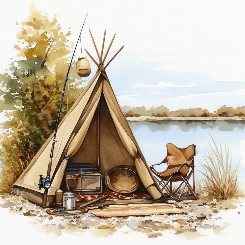 11 Fishing Tent Clipart Bundle, Lakeside Fishing Illustrations ...