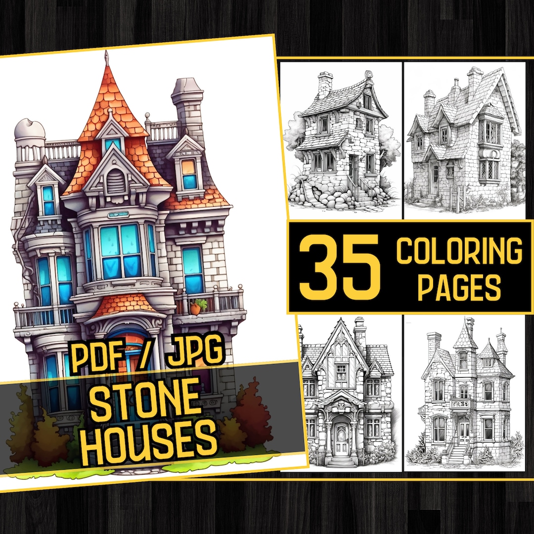 Stone Houses Coloring Page Book, Grayscale House Coloring, Printable ...